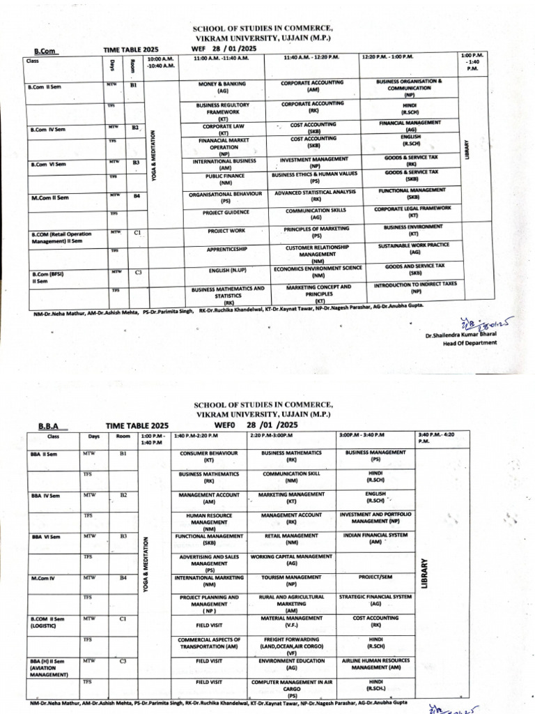 Timetable 2025 S.S in Commerce | PDF
