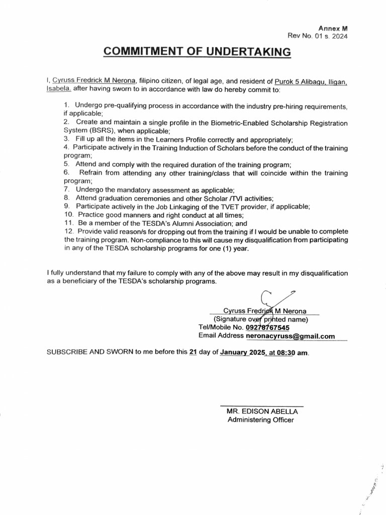 Commitment of Undertaking 1LT NERONA | PDF