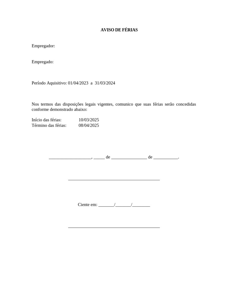 Modelo de Aviso de Férias | PDF