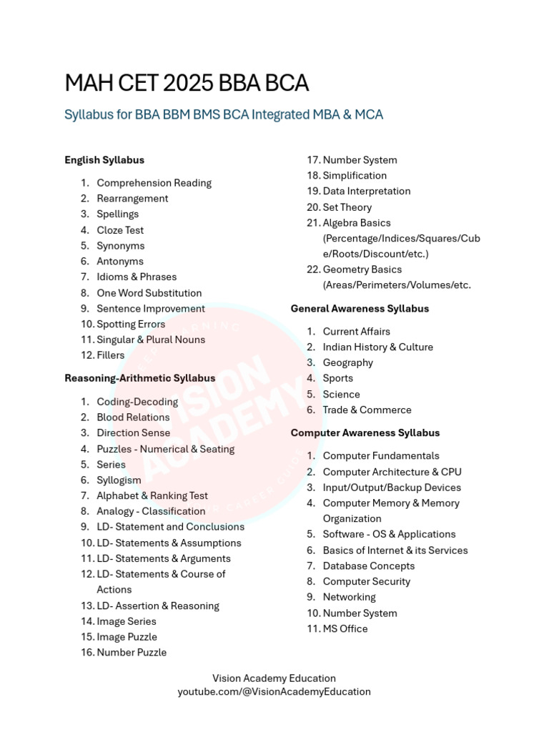 MAH CET 2025 BBA BCA Syllabus Overview | PDF | Computing