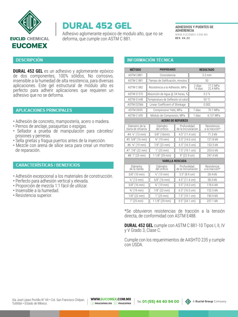 Dural 452 Gel: Adhesivo Epóxico de Alto Módulo | PDF | Hormigón ...