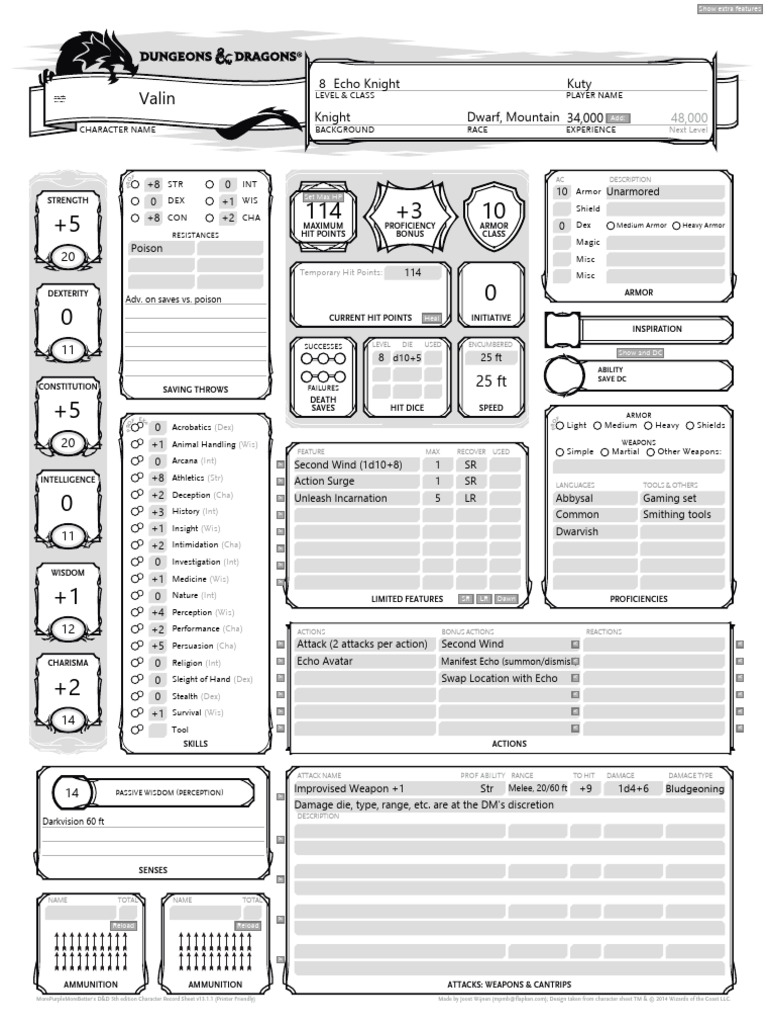 Echo Knight Character Sheet | PDF | Grappling | Dungeons & Dragons
