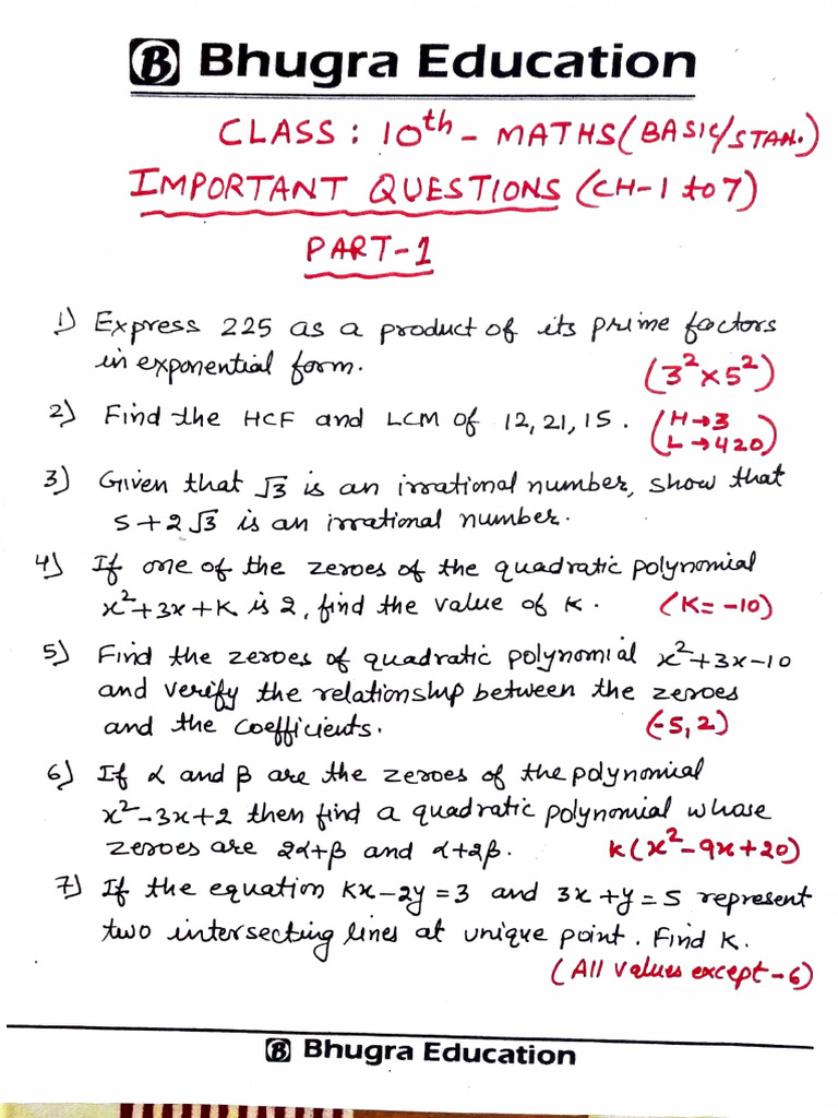 Class 10 Maths Important Questions | PDF