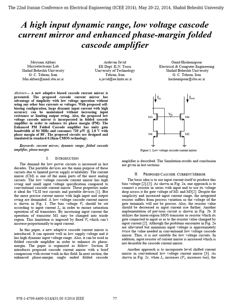 A High Input Dynamic Range Low Voltage Cascode Current Mirror and Enhanced Phase-Margin Folded ...