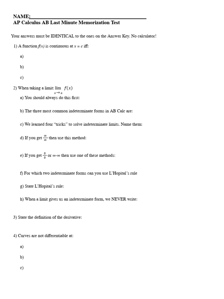 0 Memorization Test BLANK COPY 2024 | PDF | Area | Derivative