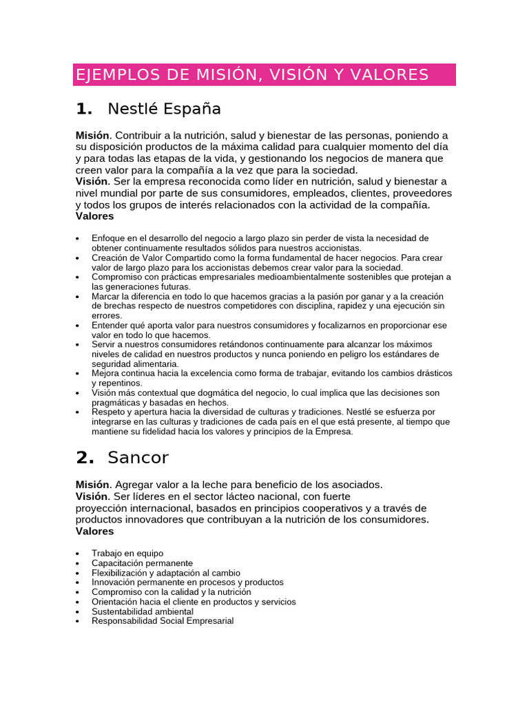 Ejemplos de Misión, Visión y Valores | PDF | Calidad (comercial) | Business