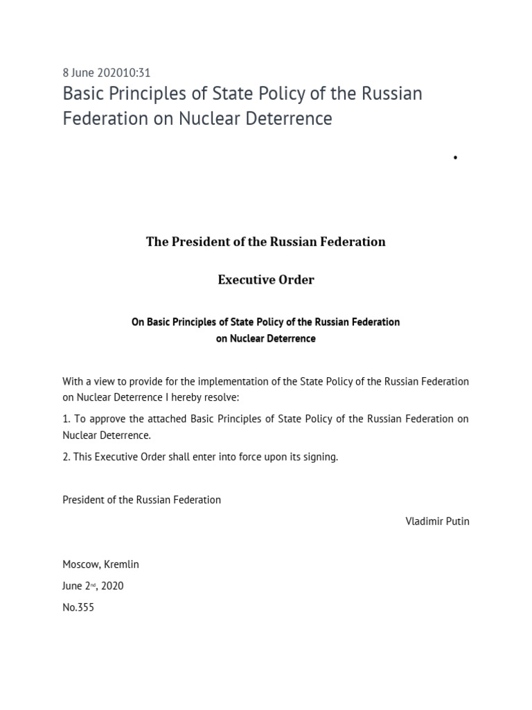 Basic Principles of State Policy of The Russian Federation On Nuclear Deterrence | PDF | Crime ...