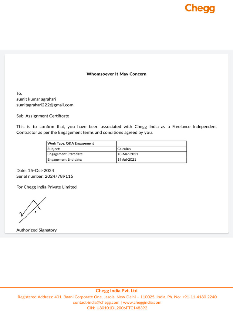 Assignment Certificate | PDF
