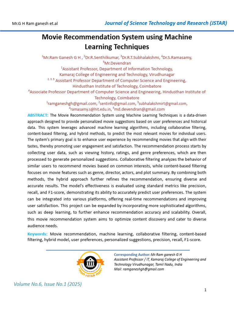 Movie Recommendation System Using Machine Learning Techniques | PDF | Deep Learning | Machine ...