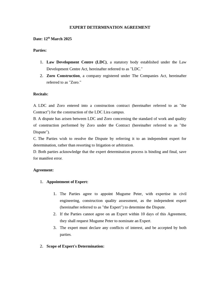 Expert Determination Agreement for Construction Dispute | PDF | Common ...
