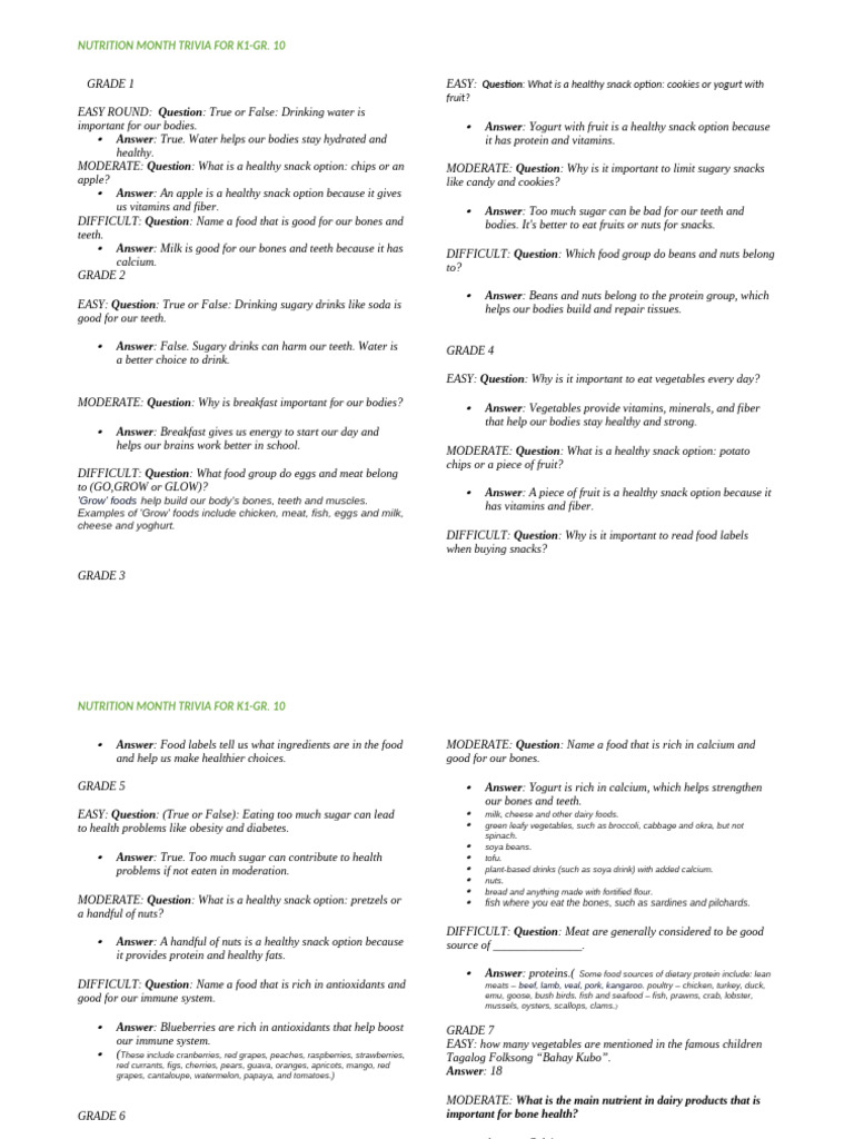 Trivia For Nutrition Month | PDF | Foods | Vegetables
