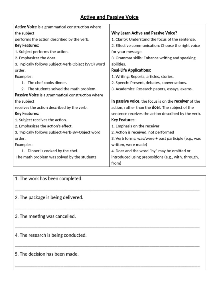 Active and Passive Voice Worksheet - 8 | PDF | Subject (Grammar) | Verb
