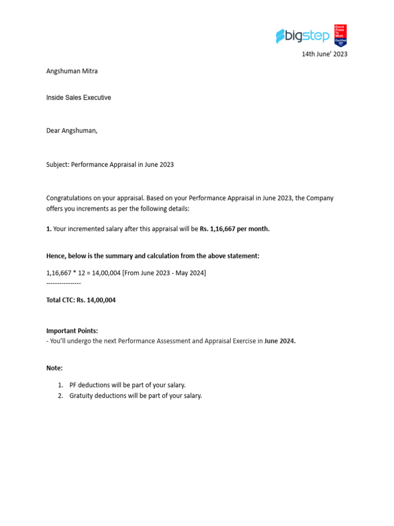 BigStep Technologies Salary Appraisal 2023 | PDF