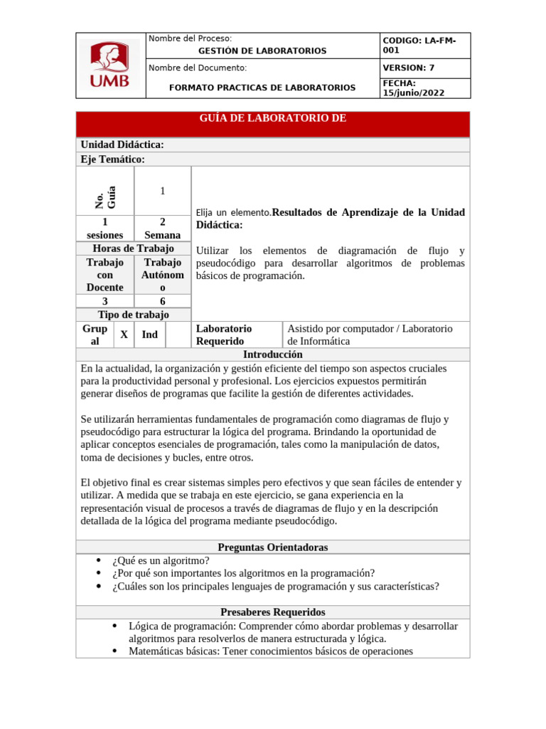 La-Fm-001 Logica de Programacion Practica Labaratorio Guia 1 - 2025-1 | PDF | Programación ...