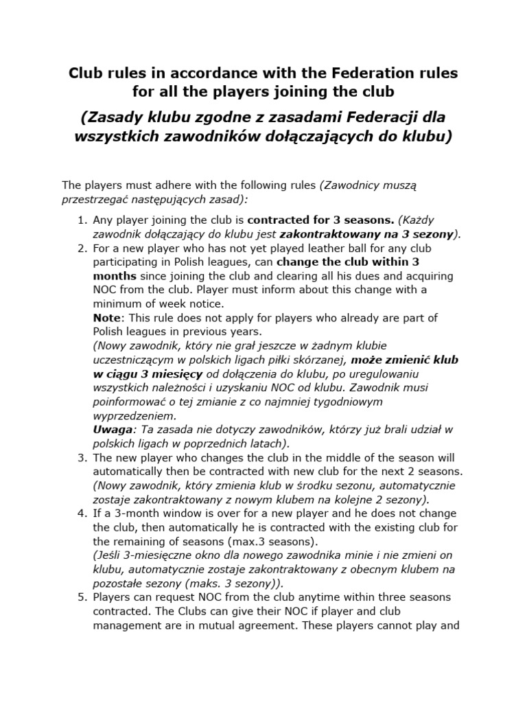 Club Rules For The Players | PDF