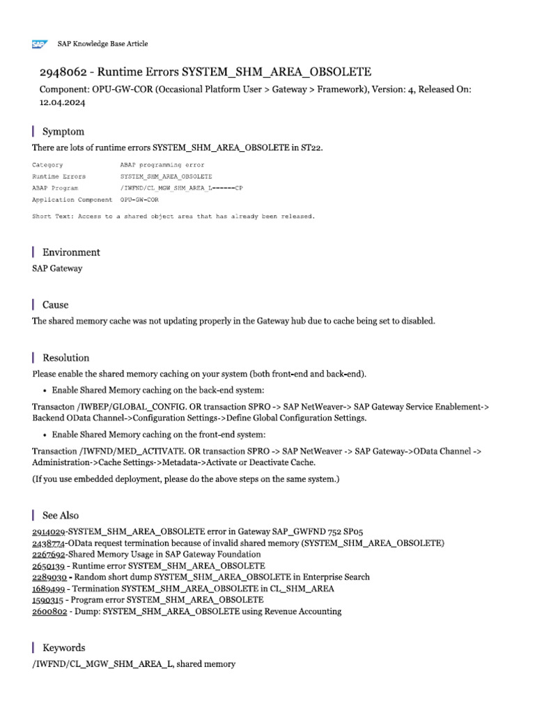 Runtime Errors SYSTEM - SHM - AREA - OBSOLETE | PDF