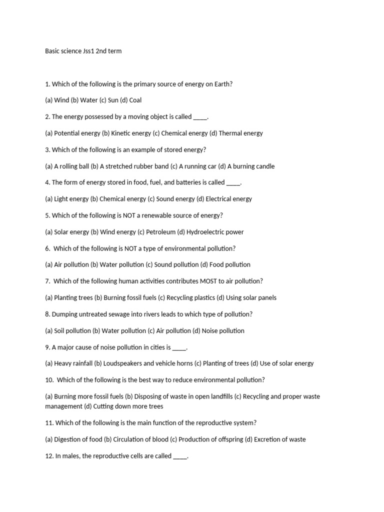 Basic Science Jss1 J-WPS Office | PDF | Reproductive System | Pollution