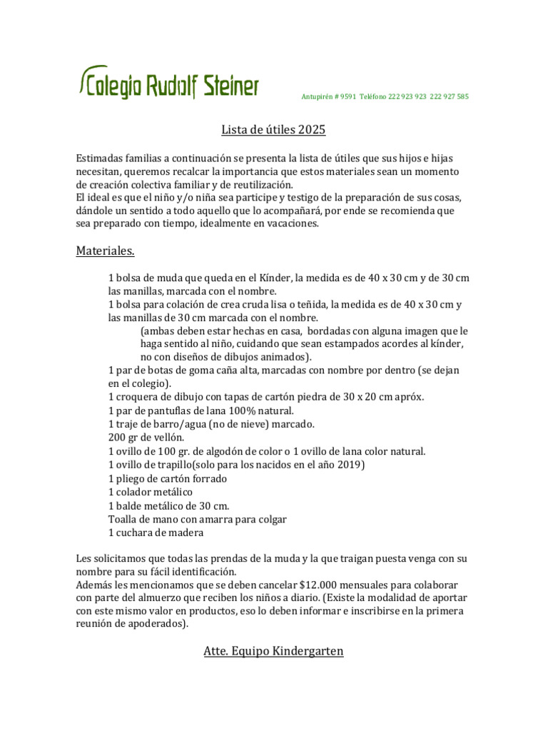 Lista de Utiles Kinder 2025 | PDF