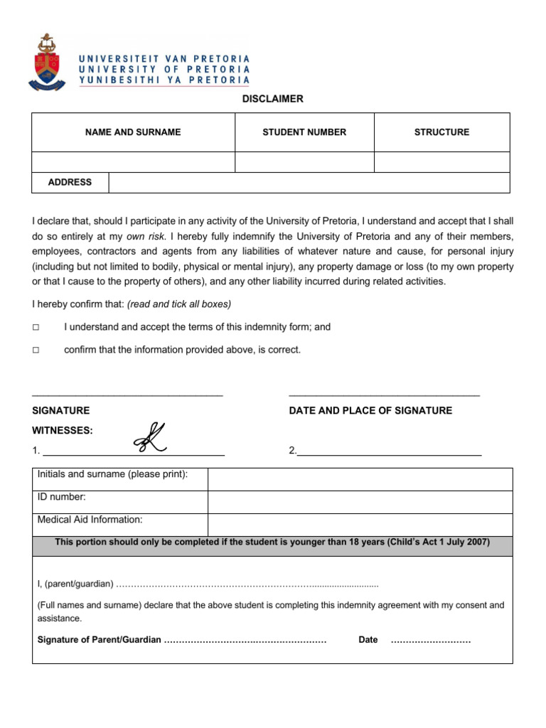 University of Pretoria Indemnity Form | PDF