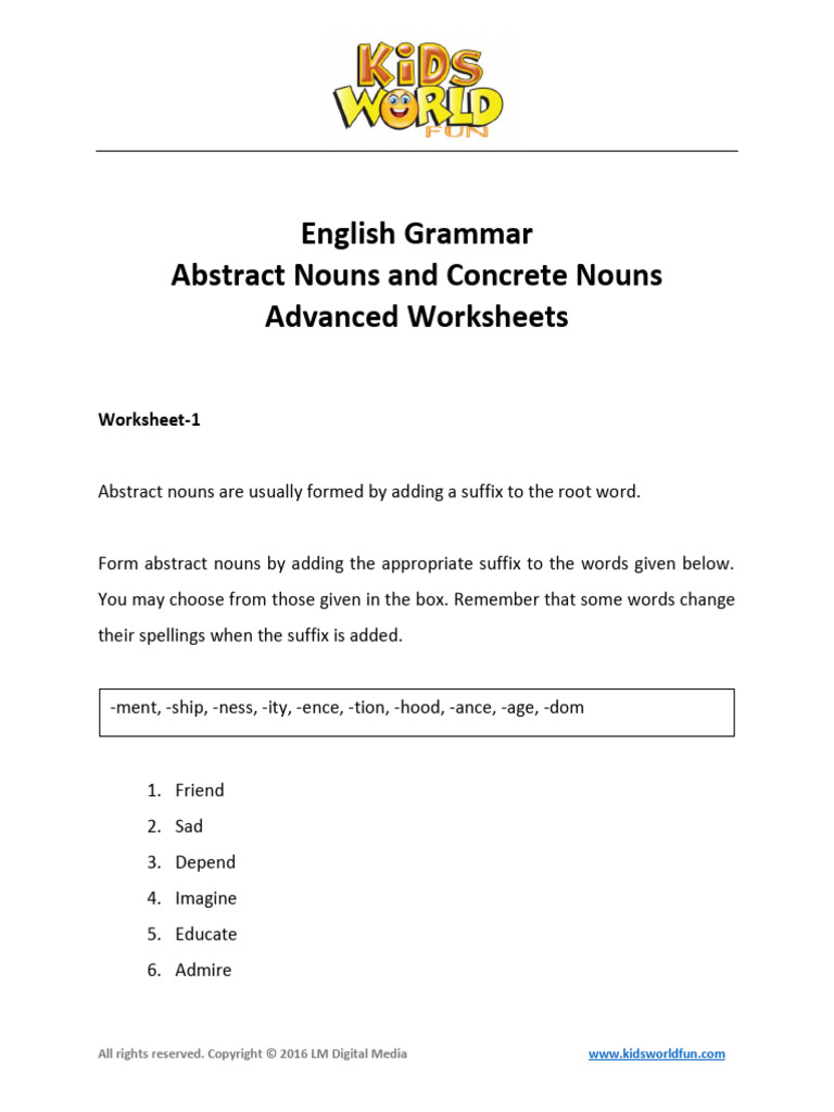 Abstract and Concrete Nouns Advanced Worksheets | PDF