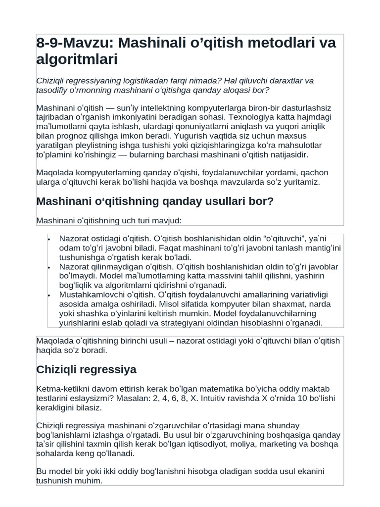 8-9-Mavzu: Mashinali O'qitish Metodlari Va Algoritmlari: Mashinani o Qitishning Qanday Usullari ...