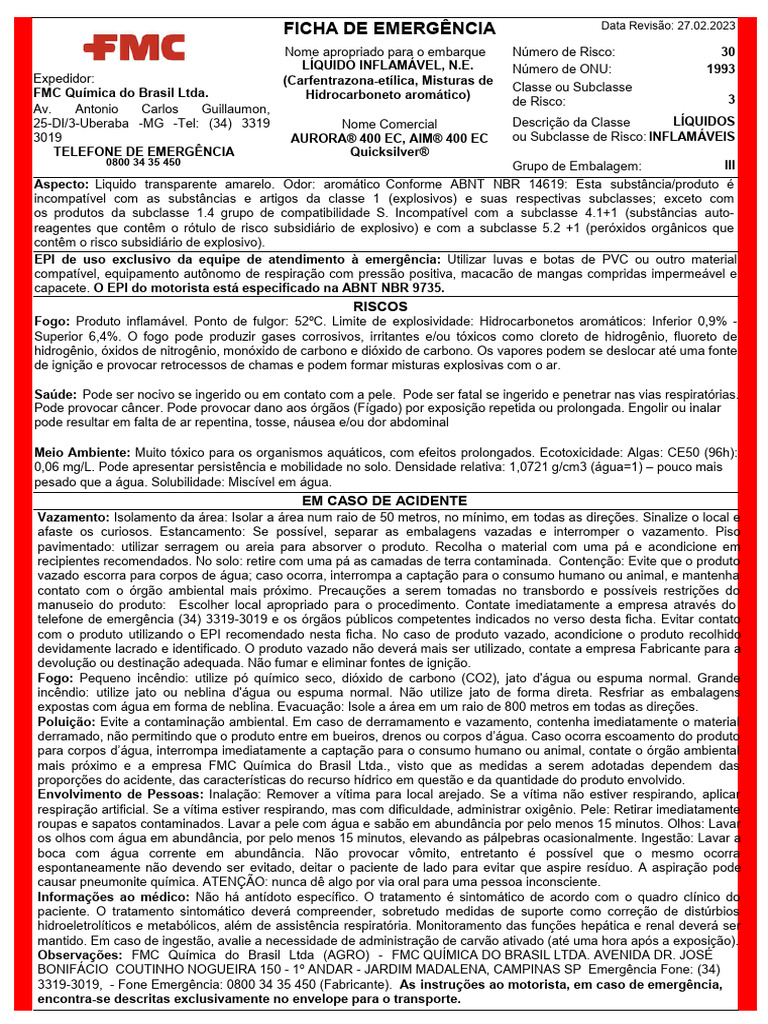 Ficha de Emergência: Líquido Inflamável | PDF | Química | Incêndios