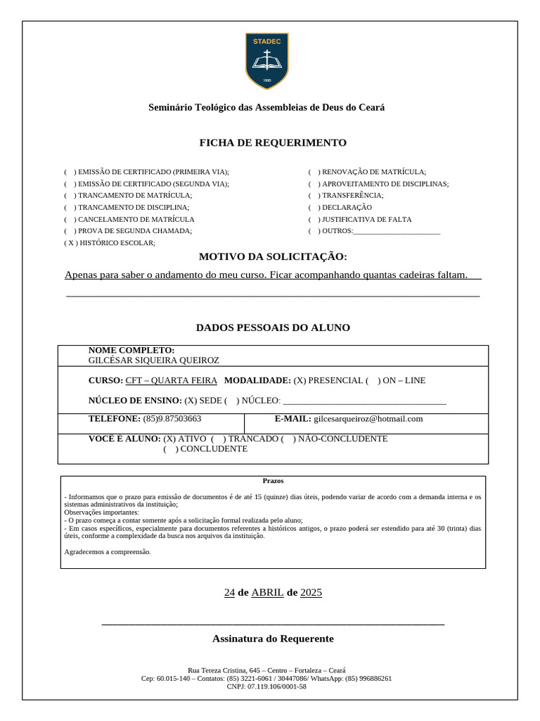 (Ficha de Requerimento) - Secretaria STADEC 2025 | PDF