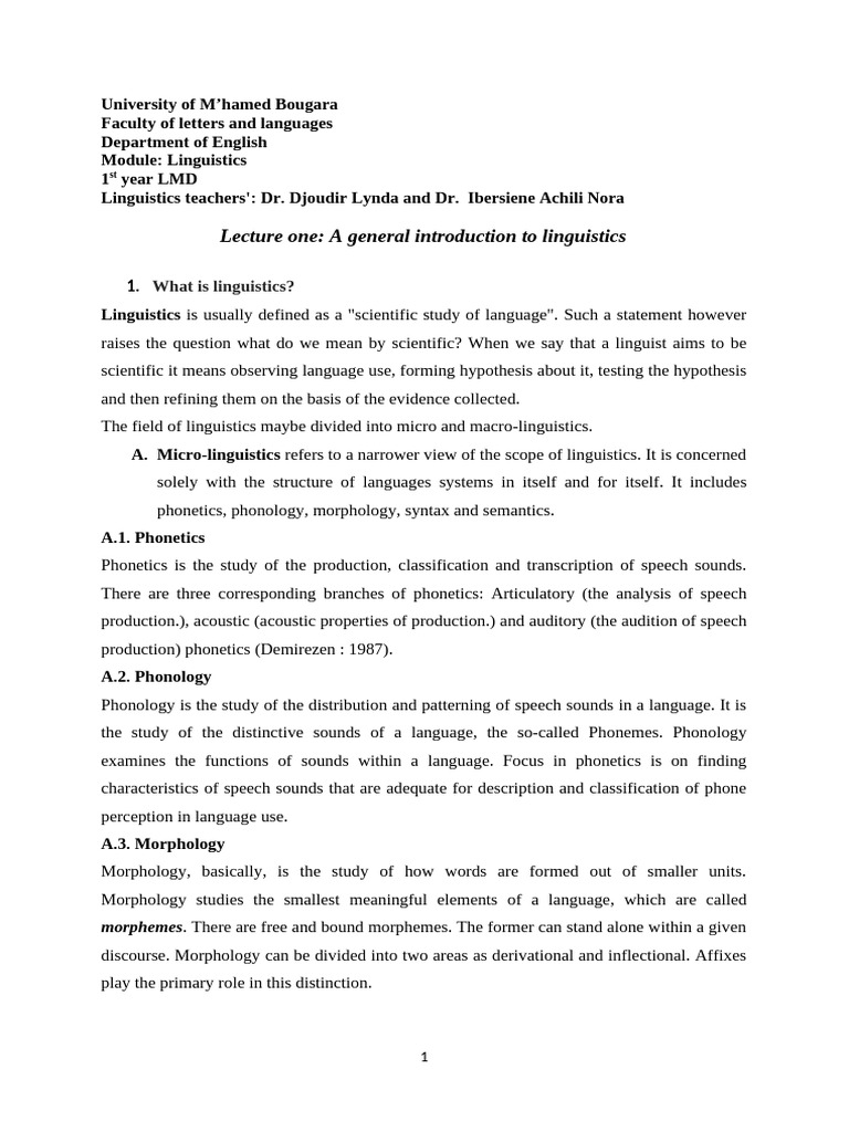Lecture 1 Introduction To Linguistics | PDF | Linguistics | Semantics