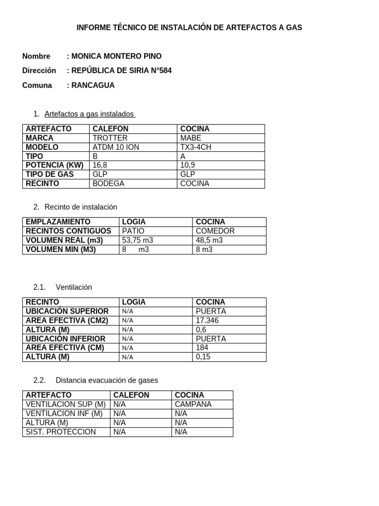 Informe Tecnico de Instalacion de Artefactos A Gas Monica Montero | PDF
