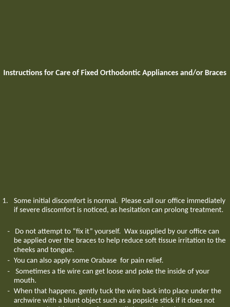 Instructions For Care of Fixed Orthdontic Appliances and or Braces | PDF | Orthodontics | Mouth