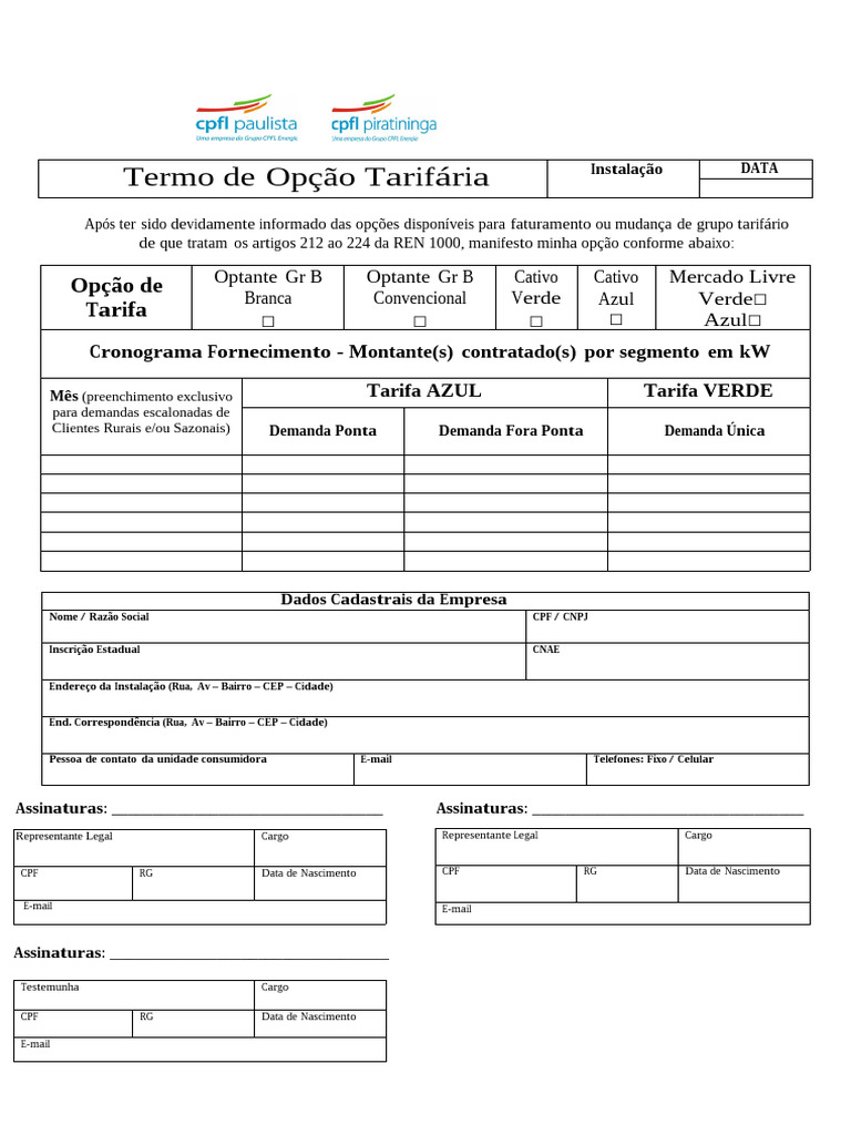 Formulário de Opção Tarifária e Dados Cadastrais | PDF