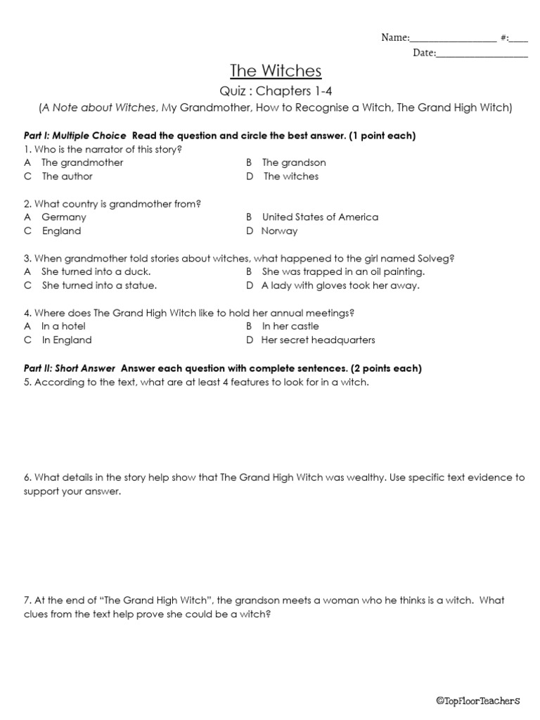 Witches Quiz: Chapters 1-4 Answers | PDF