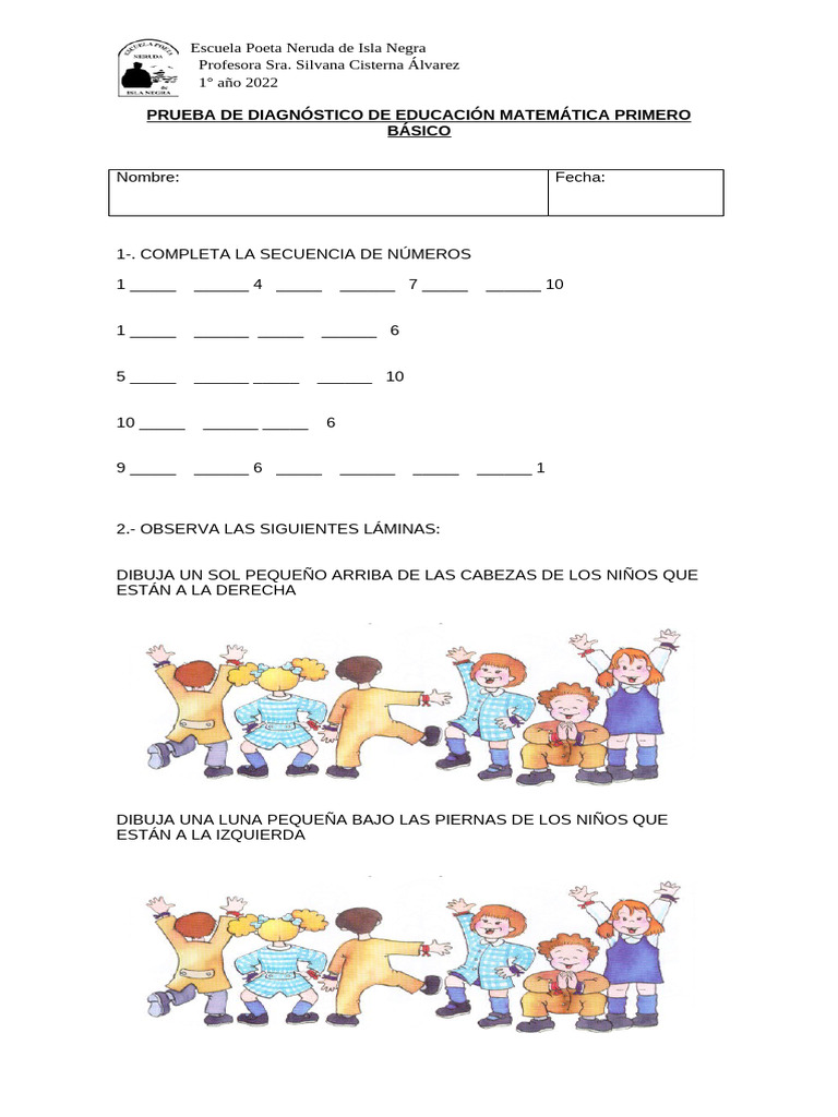 Prueba Diagnóstica Matemáticas 1° Básico | PDF