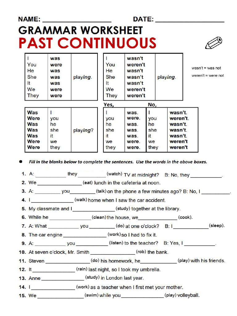 Past Continuous Worksheet | PDF