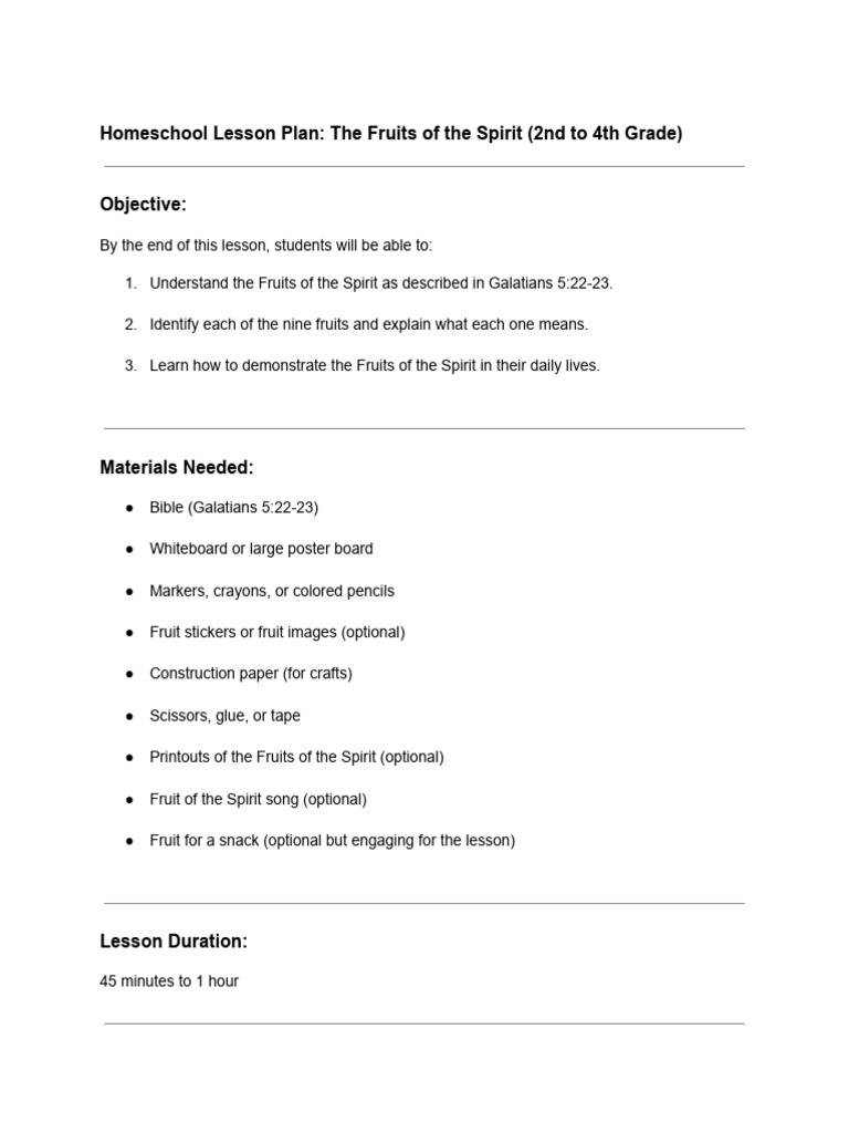 Homeschool Lesson Plan: Fruits of the Spirit | PDF | Fruit Of The Holy ...