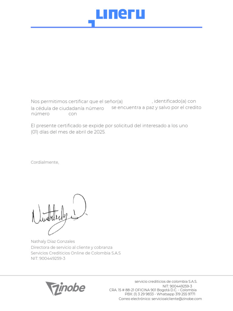 Certificado de Paz y Salvo Crediticio | PDF