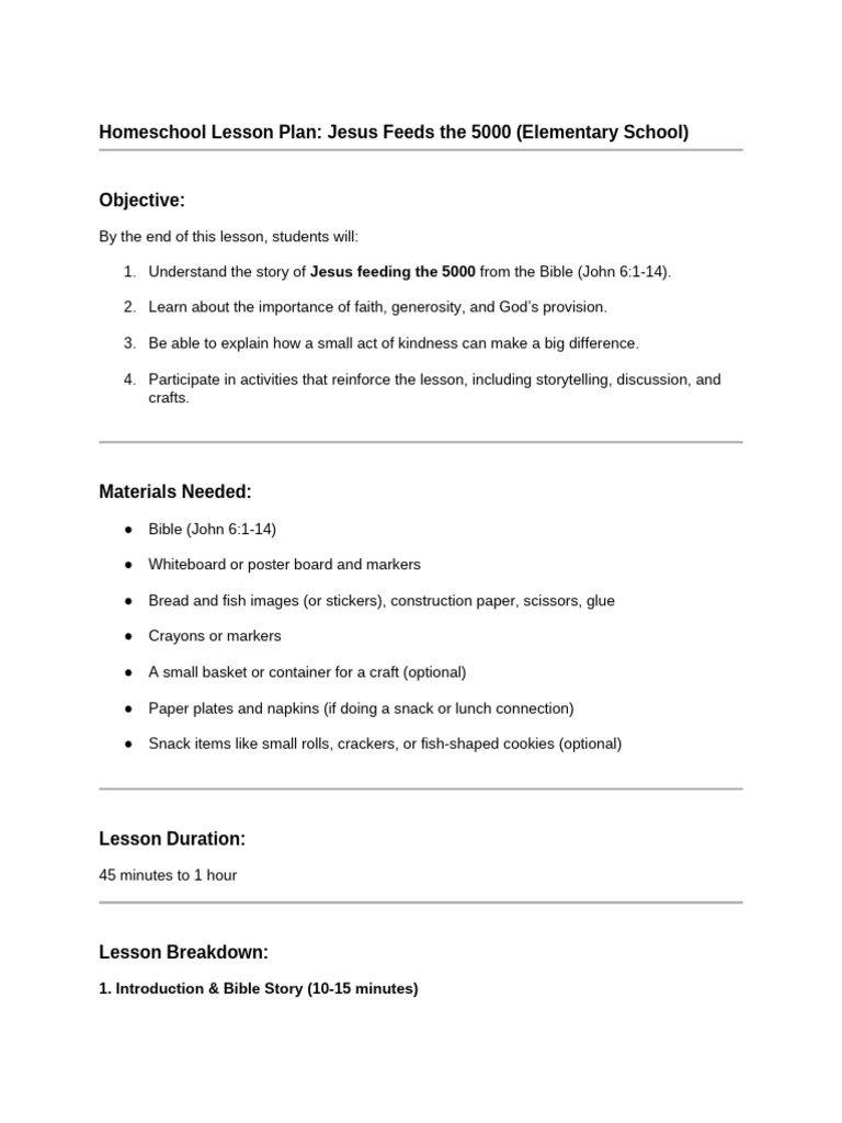 Homeschool Lesson Plan - Jesus Feeds The 5000 (Elementary School) | PDF ...