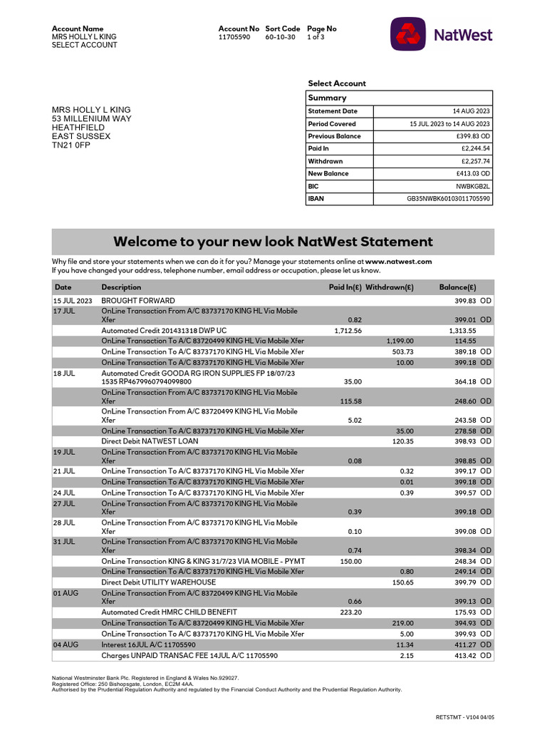 Statement 601030 11705590 14 Aug 2023 | PDF | Overdraft | Financial Services