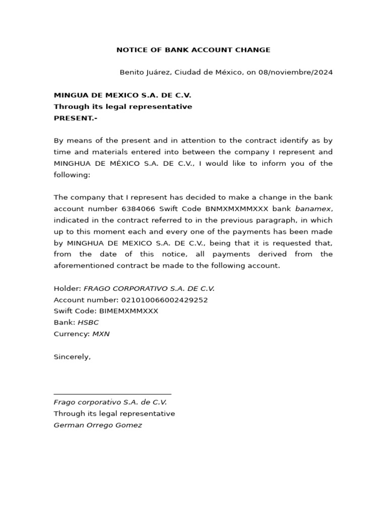 英文NOTICE OF BANK ACCOUNT CHANGE | PDF