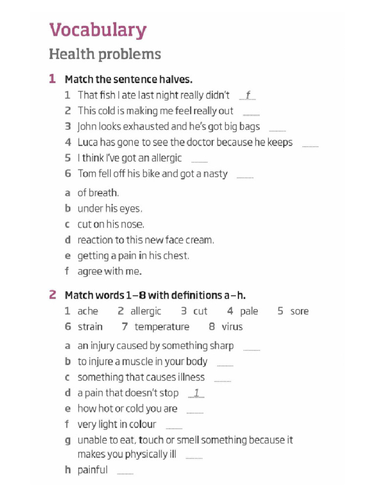 Health Problems Vocabulary RM B1+ WB | PDF
