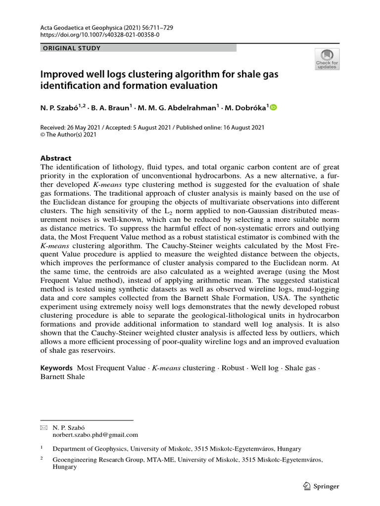 Improved Well Logs Clustering Algorithm For Shale Gas Identifcation and Formation Evaluation ...