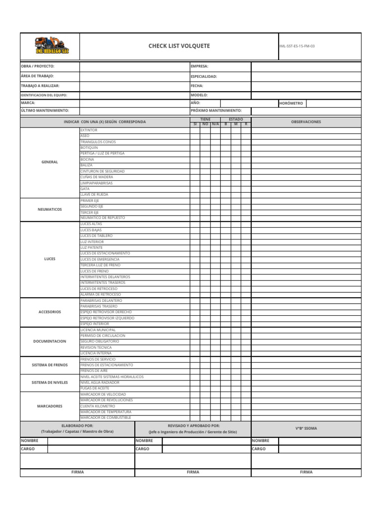 Checklist de Mantenimiento para Volquetes | PDF | Tecnología de ...