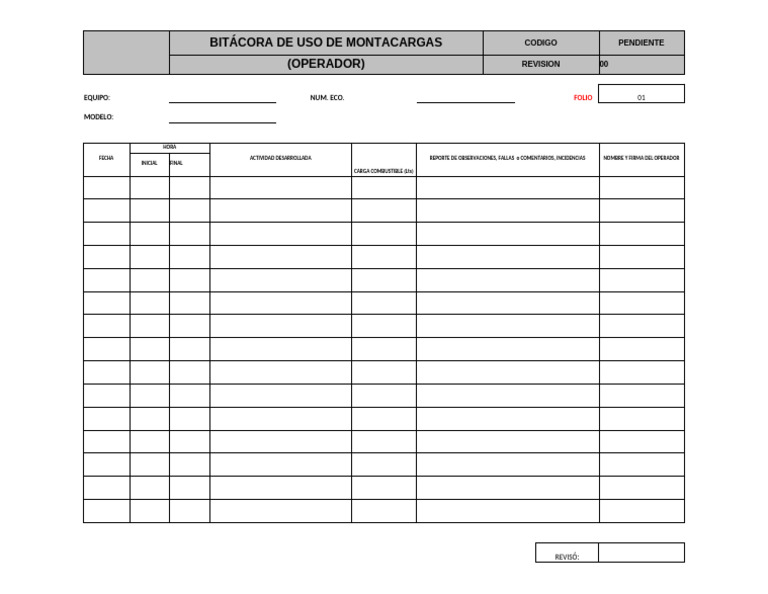 Bitacora de Uso de Montacarga | PDF