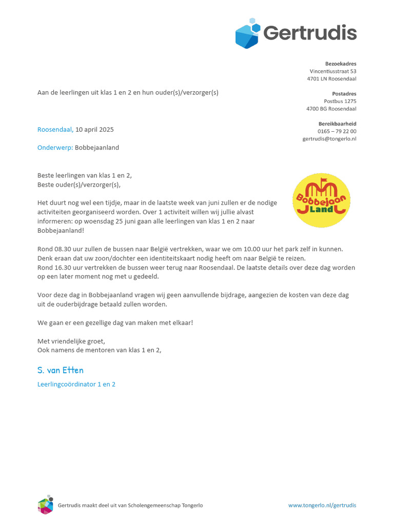 Informatiebrief Bobbejaanland Klas 1 en 2 | PDF