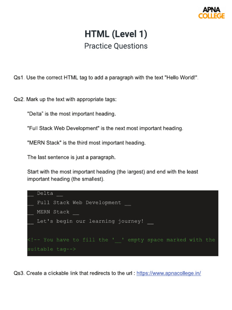 HTML (Level 1) Qs | PDF