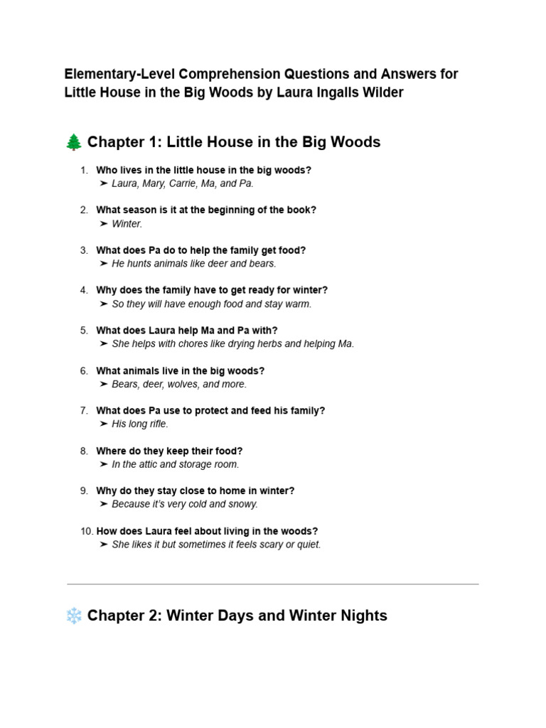 Elementary-Level Comprehension Questions and Answers For Little House ...