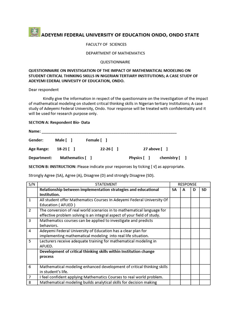 Questionnaire For Mathematics Department-2 | PDF | Critical Thinking ...