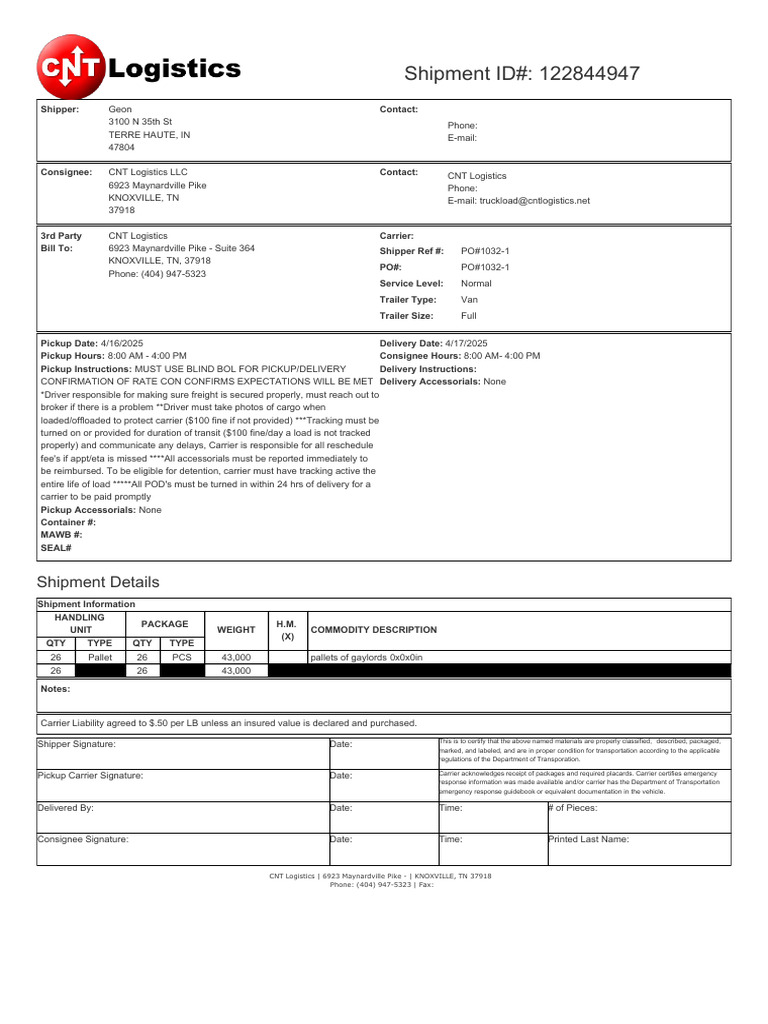 Blind Bill of Lading for CNT Logistics | PDF | Cargo | Transport