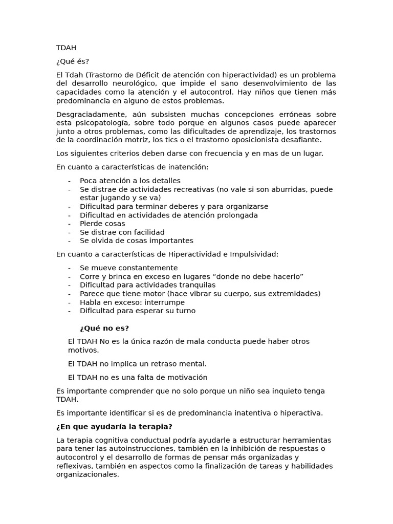 Entendiendo el TDAH: Características y Terapia | PDF