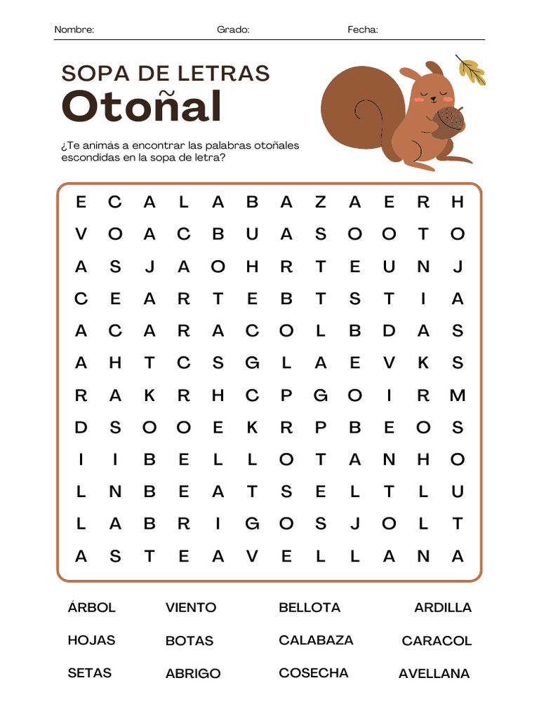 Sopa de Letras de Otoño Hoja de Trabajo Colorida | PDF